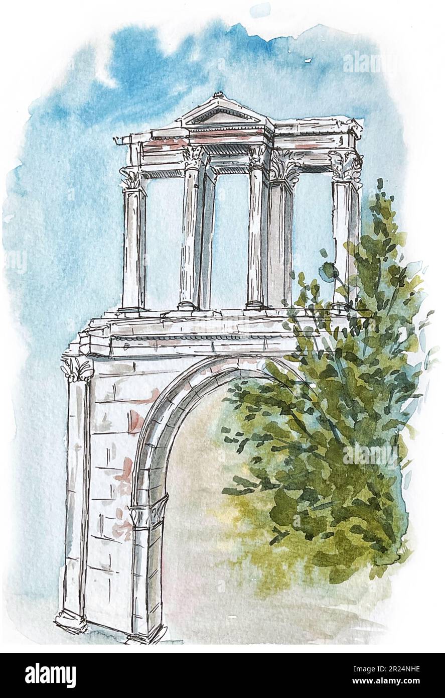 Beautiful watercolor illustration of Hadrien's Arch in Athens Greece ...