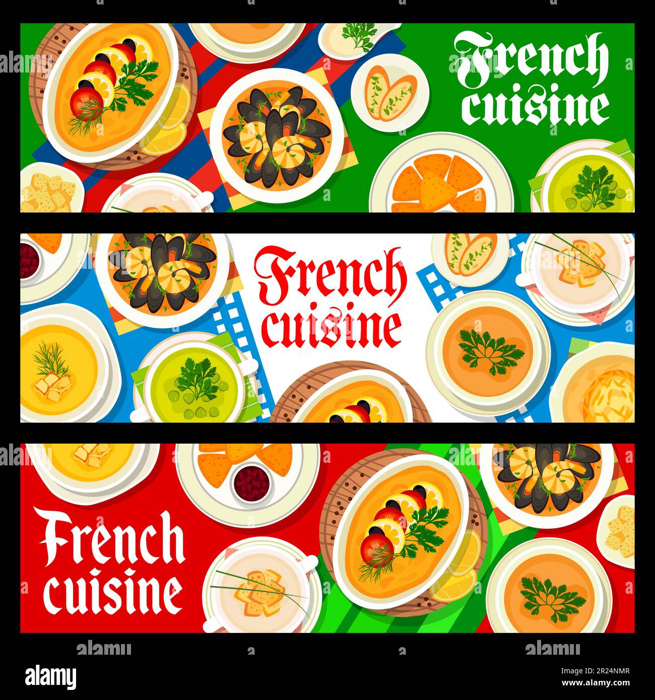 French cuisine restaurant food banners. Vector seafood soup ...