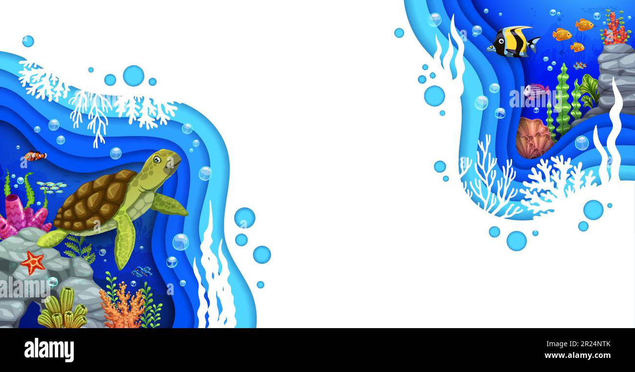 Cartoon underwater paper cut landscape with sea turtle and tropical ...