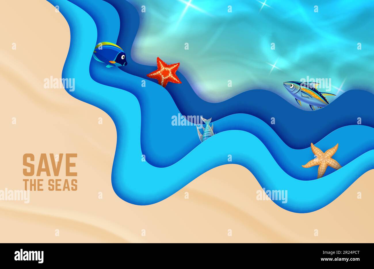 Sea wave paper cut banner, vector 3d background with ocean and sand ...