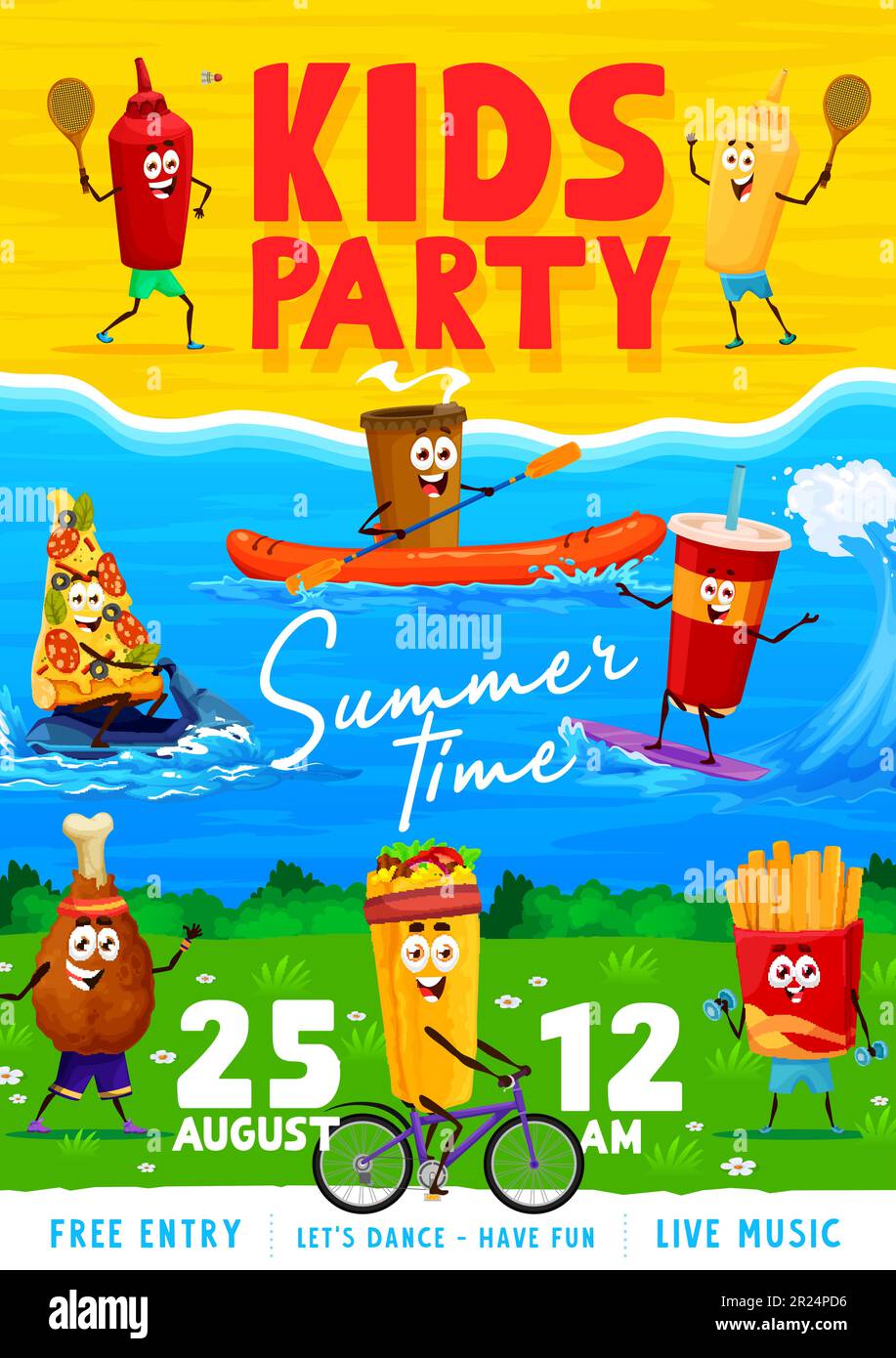Kids party flyer. Cartoon funny fastfood characters on summer vacation ...