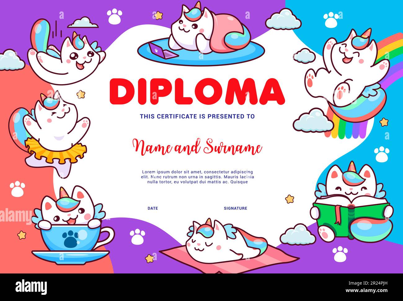 Kids diploma with cute cartoon caticorn cats and kitten characters ...