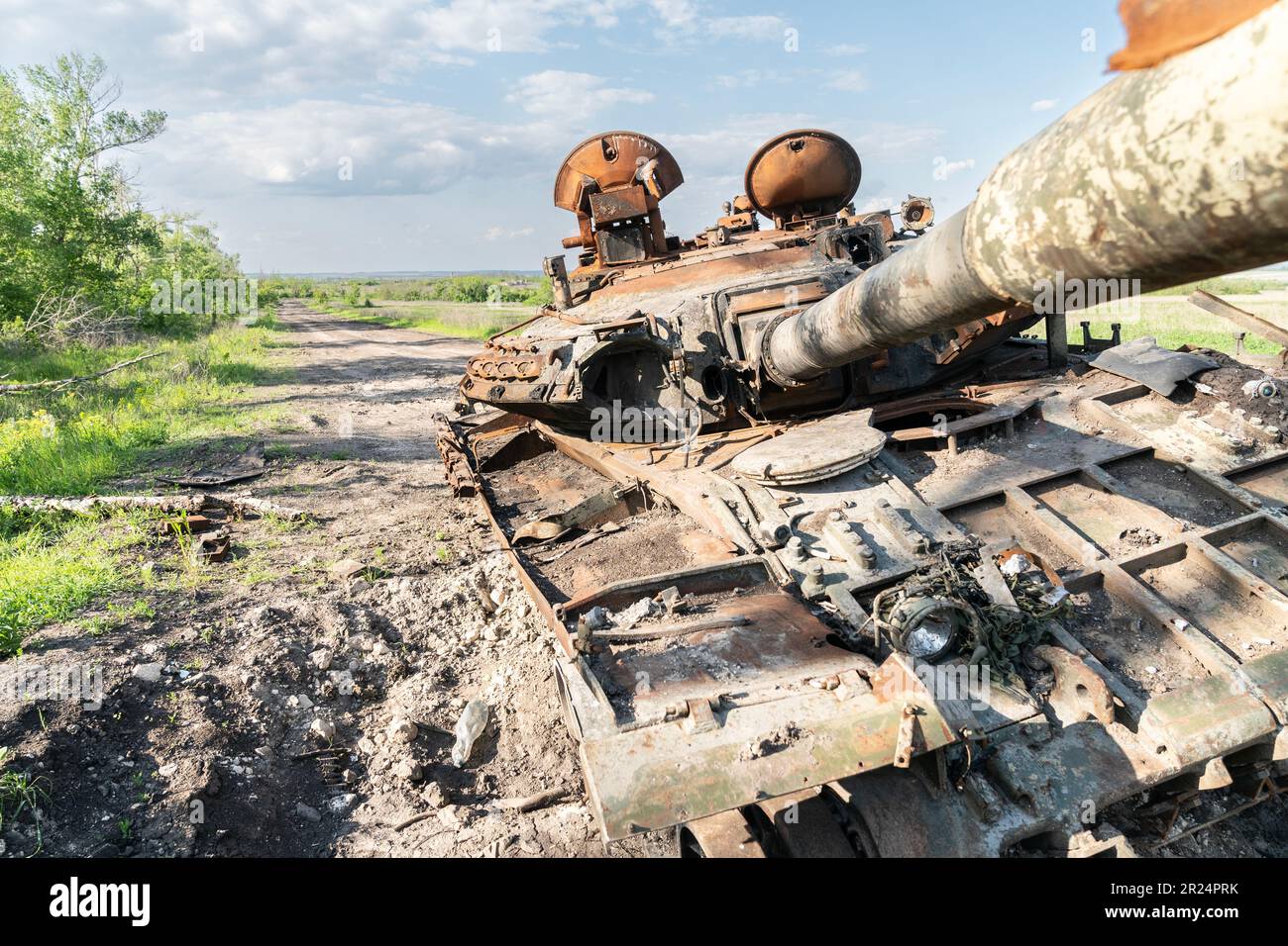 One of destroyed T-80 tanks by Ukrainian forces during battle to ...