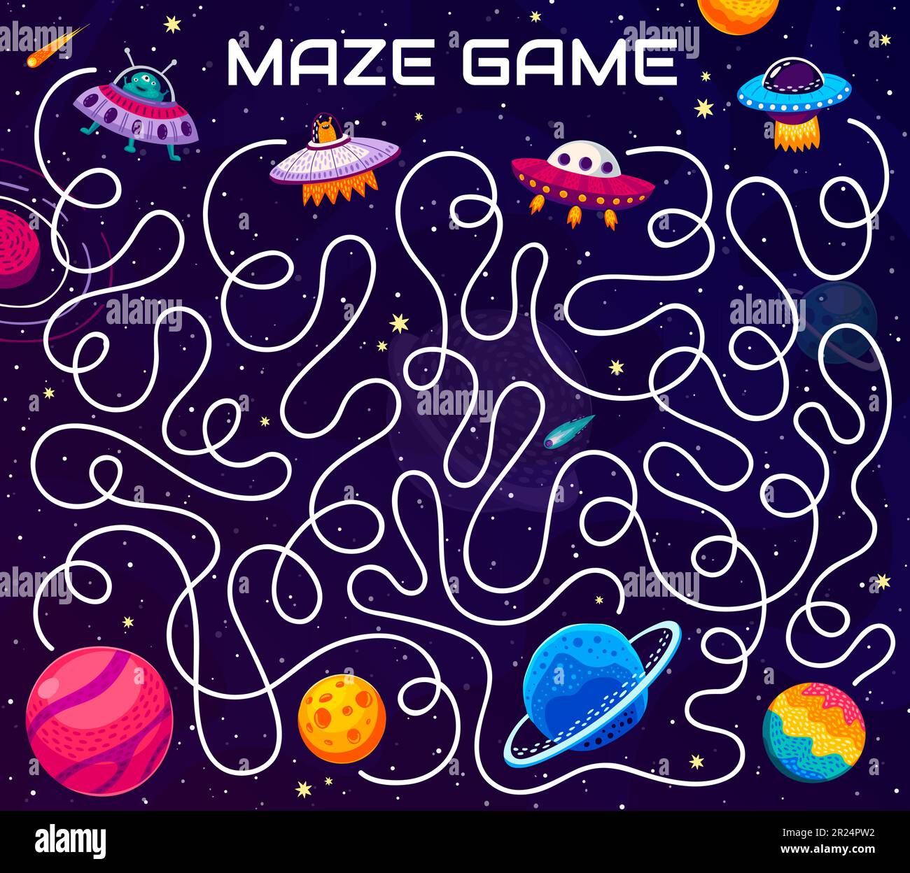 Labyrinth maze help to ufo find his space planet. Kids vector worksheet ...