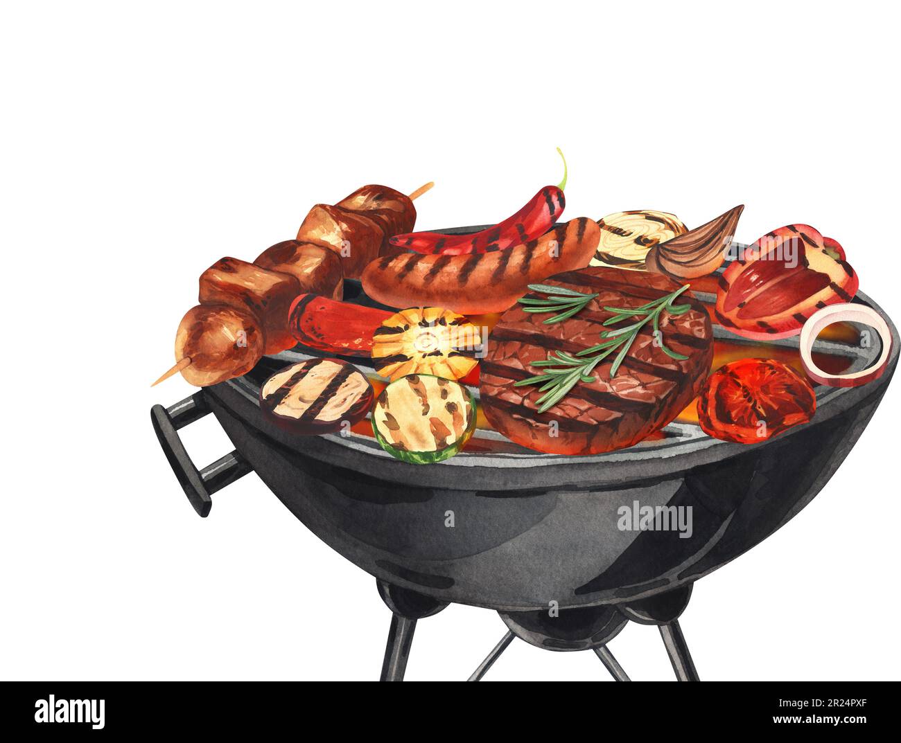 Watercolor barbecue meat, bbq steak beef, vegetable slices on the black ...