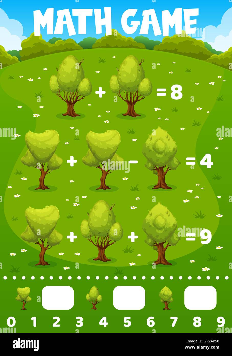 Math game worksheet. Cartoon forest trees. Kids mathematical puzzle ...