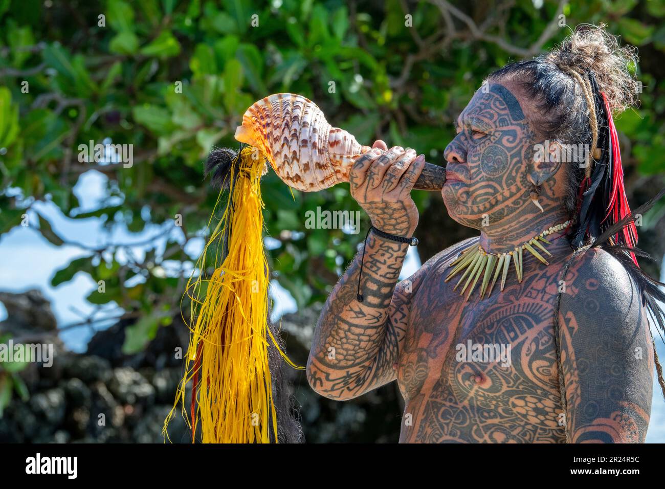 French Polynesia, Society Islands, Raiatea. Village elder covered in ...