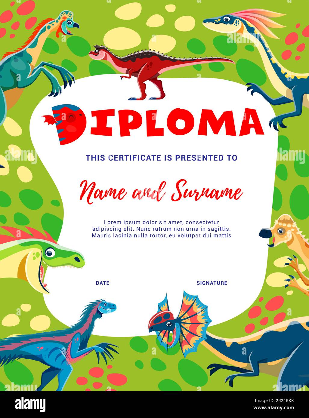Kids diploma cartoon dinosaur characters. Vector award frame template ...