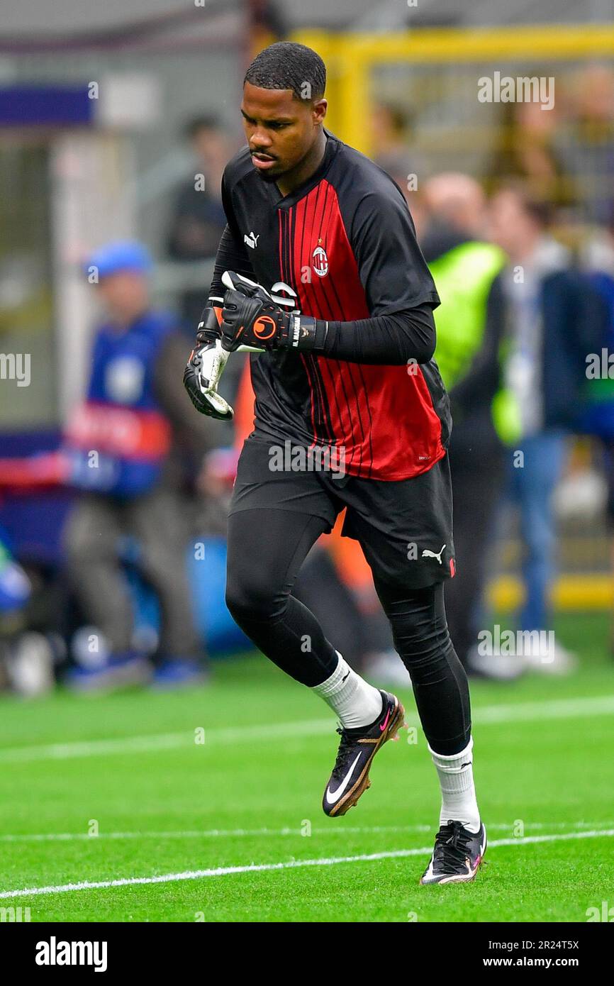 Milano, Italy. 16th May, 2023. Goalkeeper Mike Maignan of AC Milan is ...