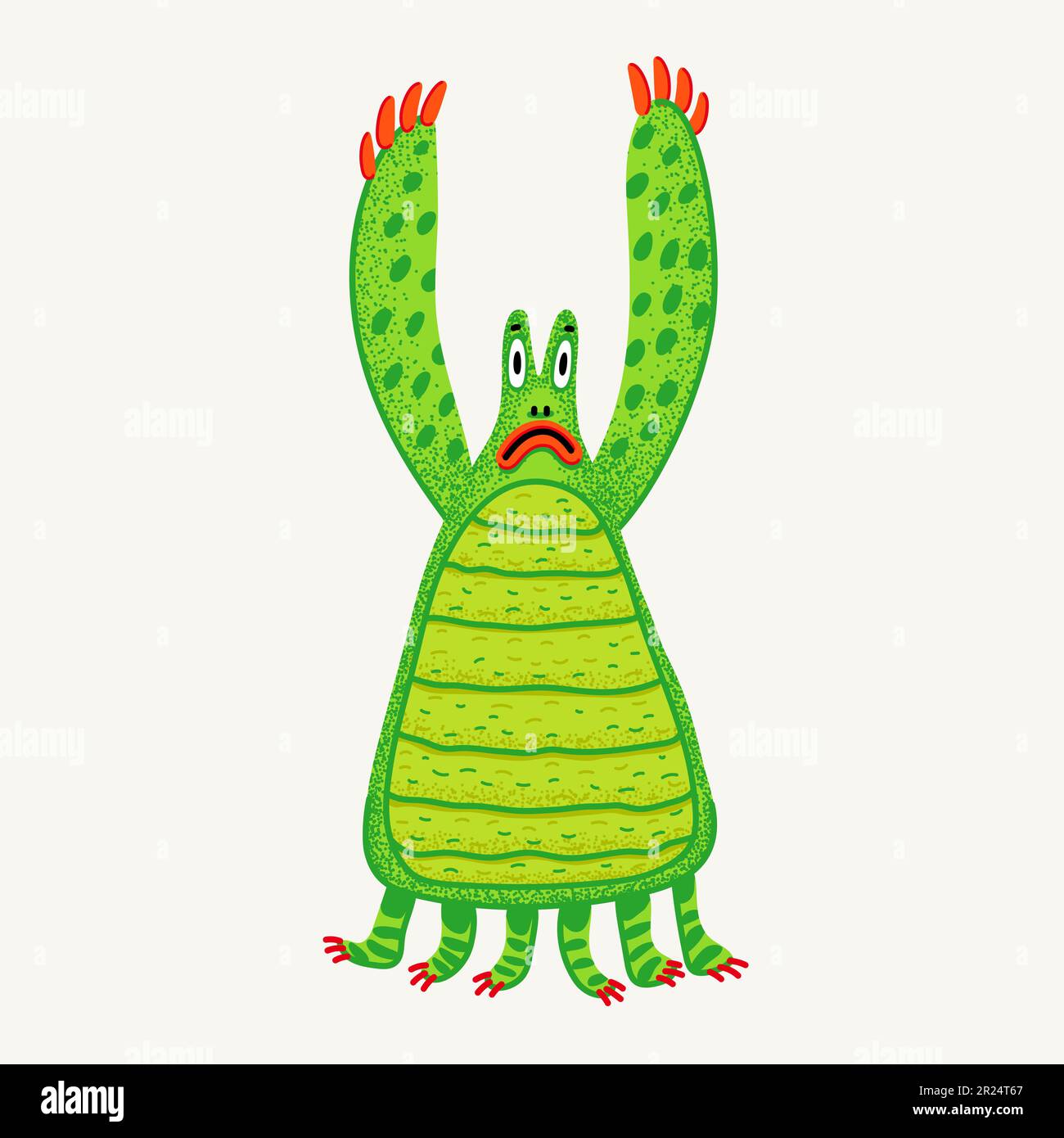 Cute cartoon vector monster. Green sad monster character with stippled ...
