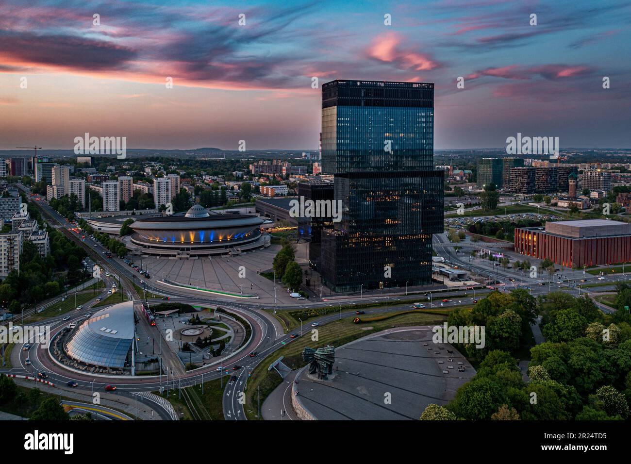 Aerial drone photo of Katowice city center and office buildings towers ...