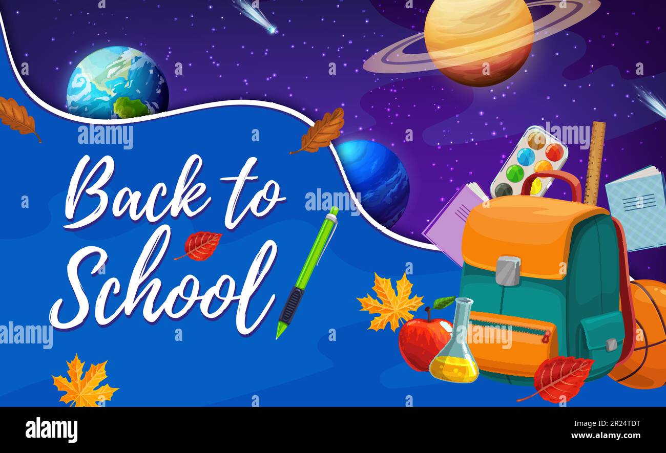 Landing page or back to school poster, cartoon space planets and ...