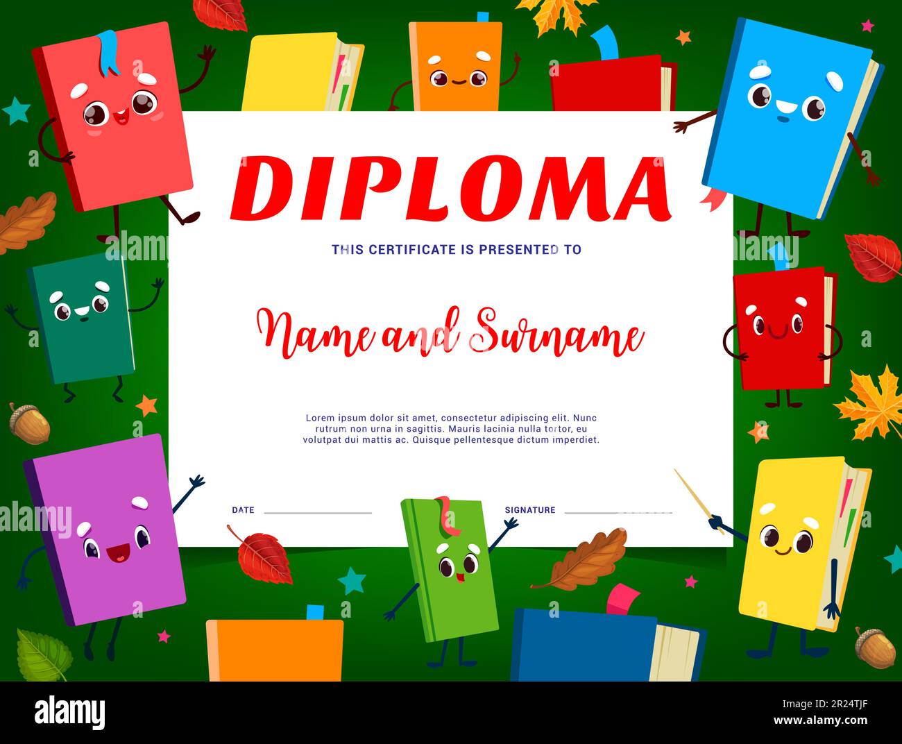 Kids diploma, cartoon cute school textbooks and books, vector education ...