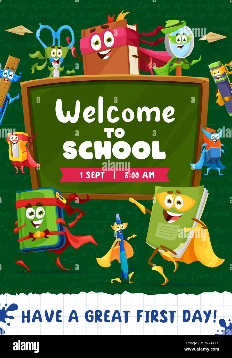 Back to school flyer, cartoon superhero stationery characters, vector ...