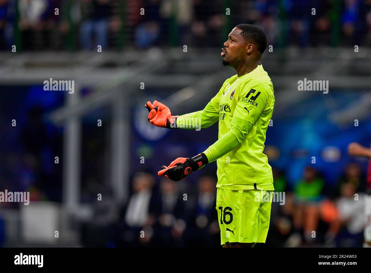 Milano, Italy. 16th May, 2023. Goalkeeper Mike Maignan (16) of AC Milan ...