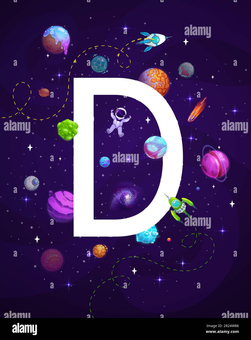 Cartoon space letter D, galaxy planets education poster. Galaxy ...