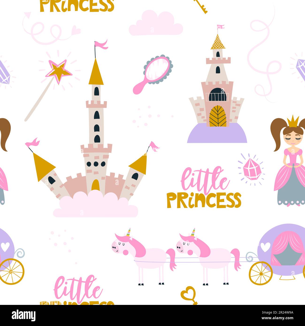 Little princess - funny doodle, seamless pattern. Castle, unicorn ...