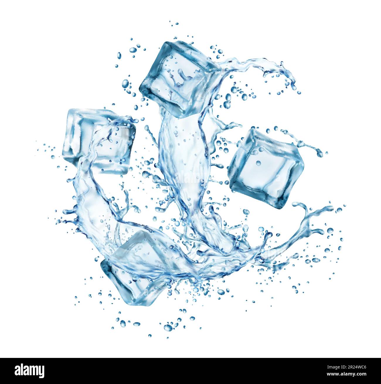 Frozen ice cubes in water splashes, realistic liquid wave and ...