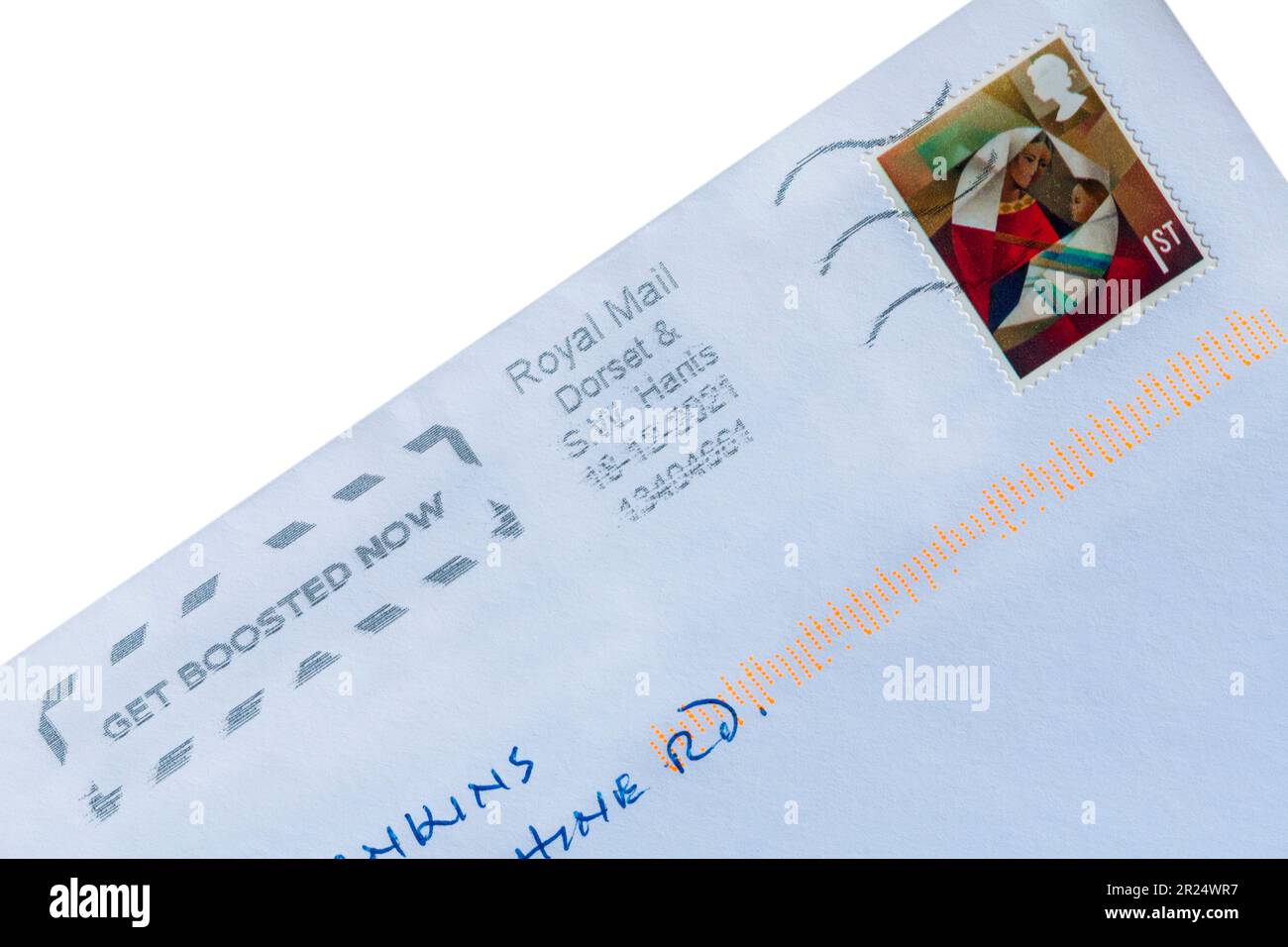 1st class Christmas stamp stuck on white envelope 2022 with Get Boosted ...
