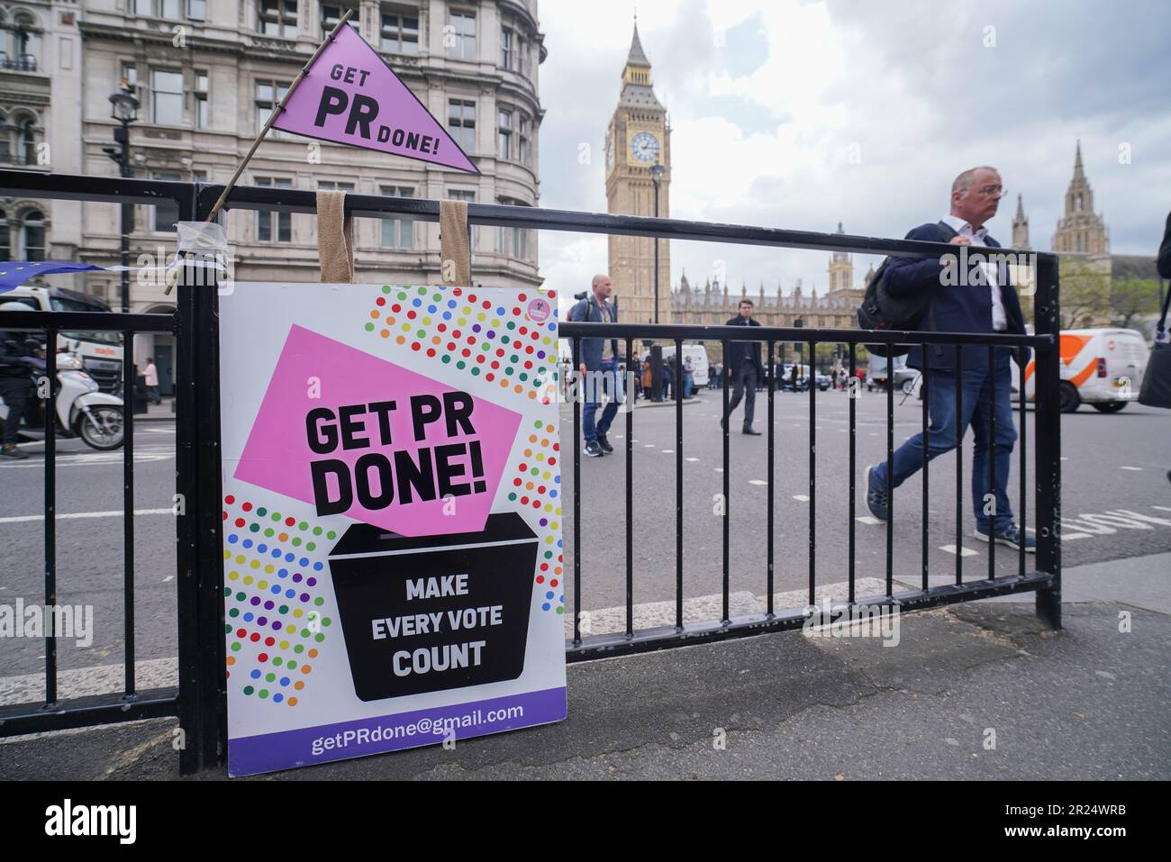 London UK. 17 May 2023 Campaigners outside parliament for electoral ...