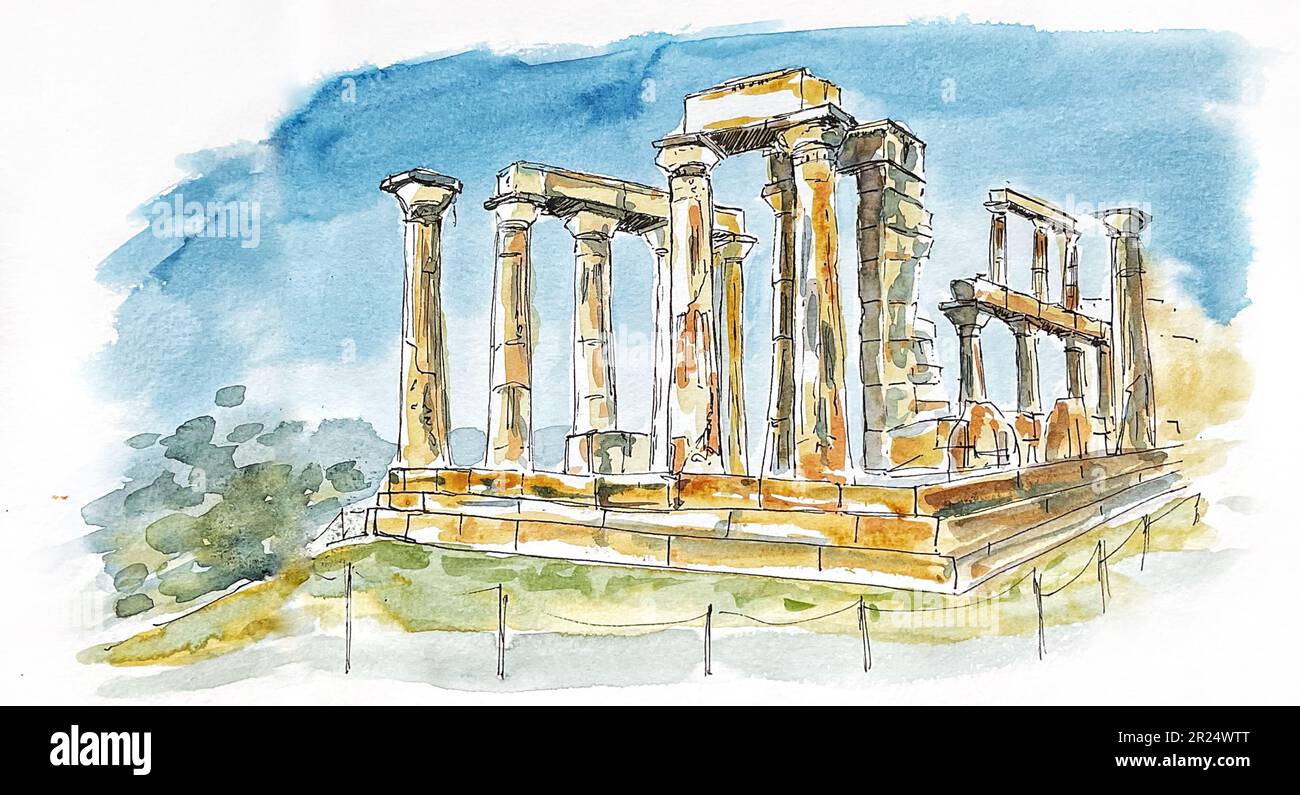 Beautiful illustration of Egine Ruins Temple in Greece Stock Photo - Alamy