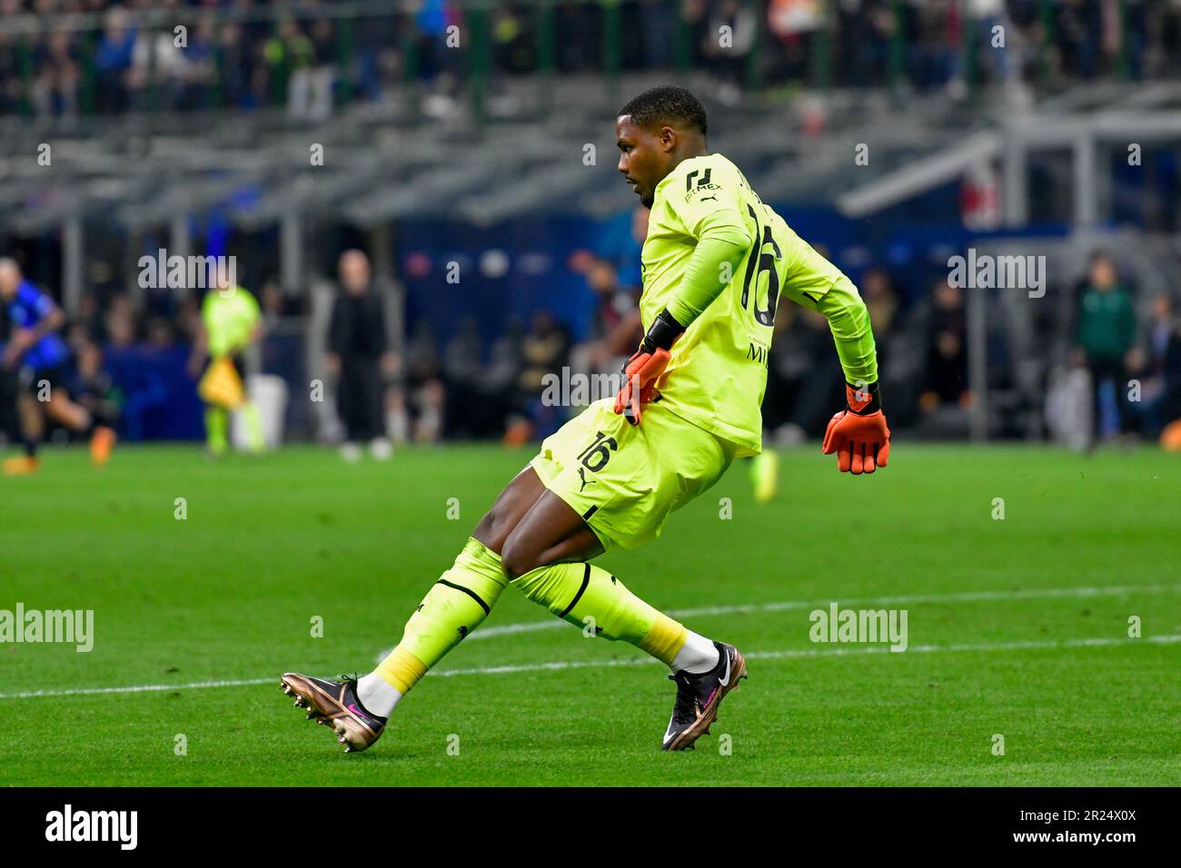 Milano, Italy. 16th May, 2023. Goalkeeper Mike Maignan (16) of AC Milan ...