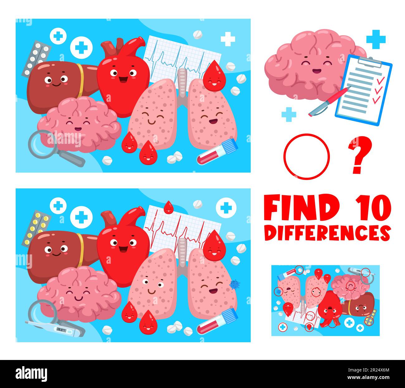 Find ten differences quiz. Cartoon human body organ characters ...