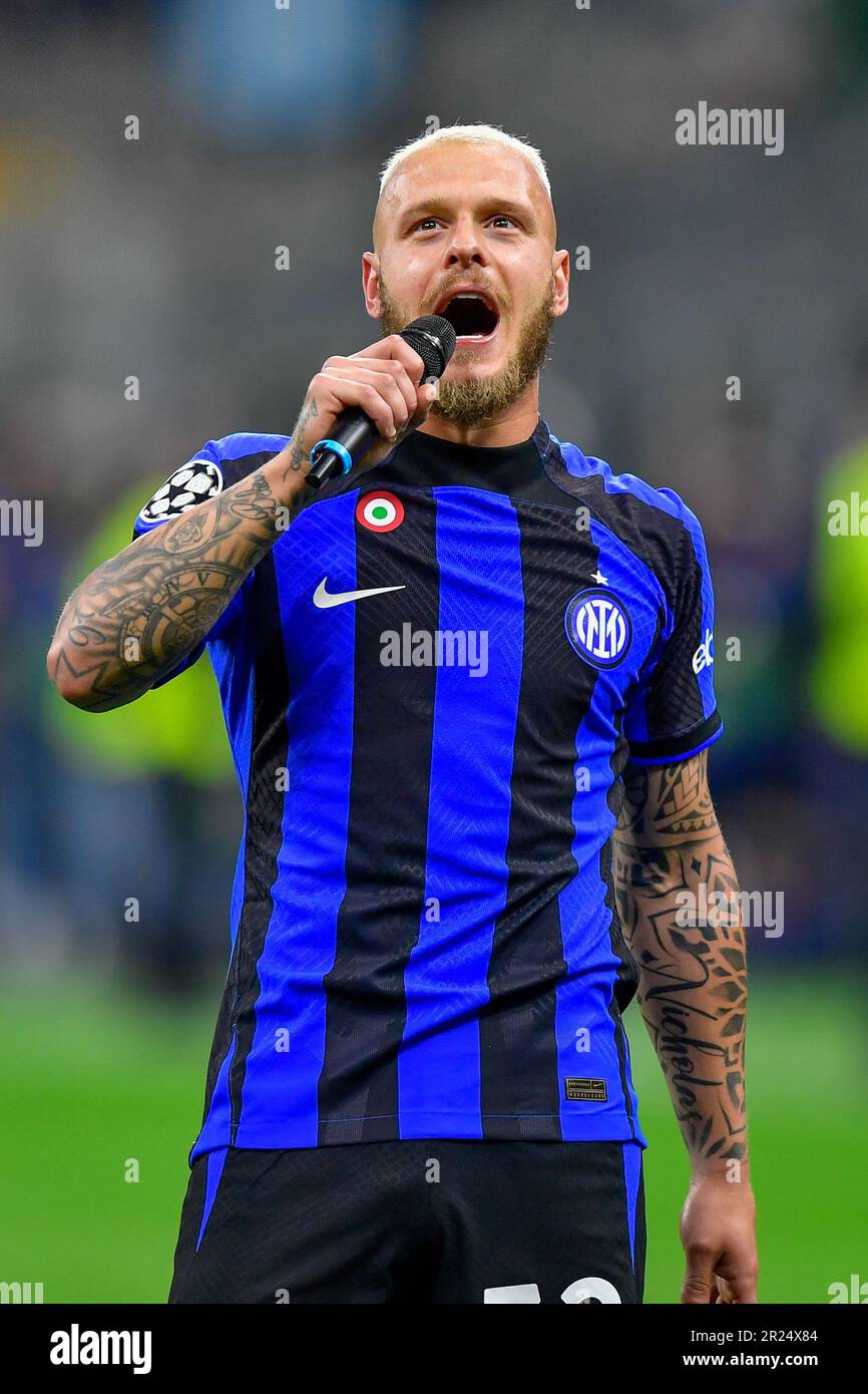 Milano, Italy. 16th May, 2023. Federico Dimarco of Inter seen celebrating after the UEFA ...