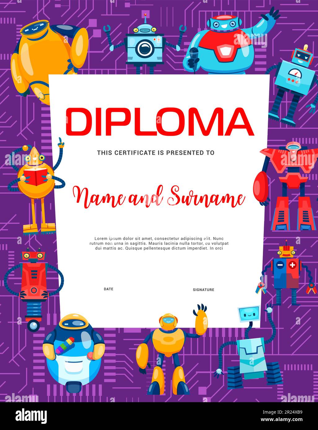 Kids diploma cartoon robot and droid characters. Vector educational ...