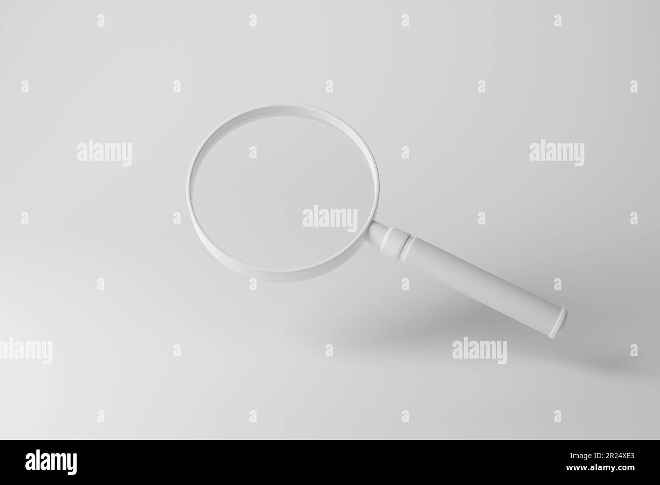 Minimalist magnifying glass floating on white monochrome background ...