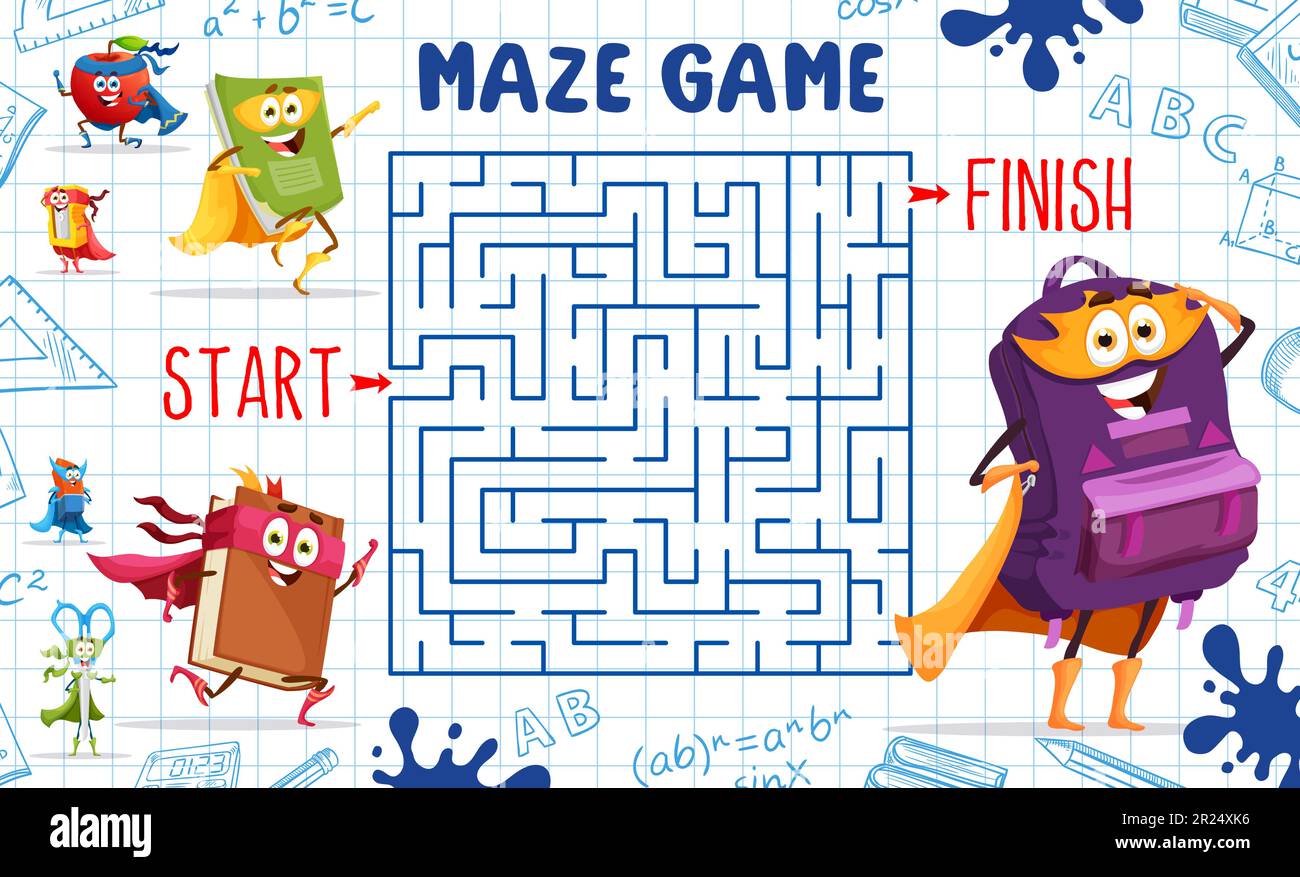 Kids labyrinth maze cartoon stationery superhero characters. Vector ...