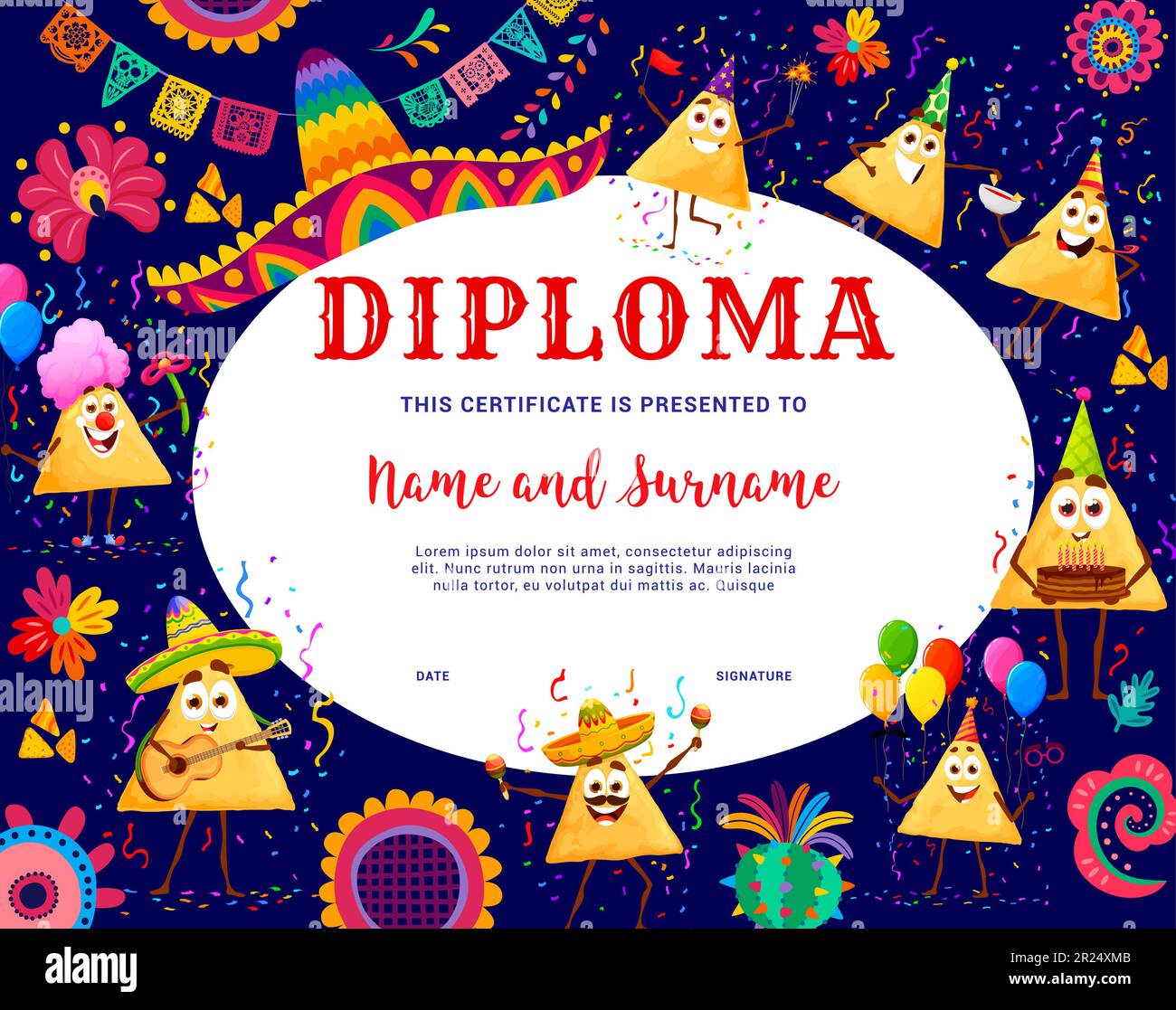 Kids birthday diploma. Mexican nachos chips characters on holiday ...