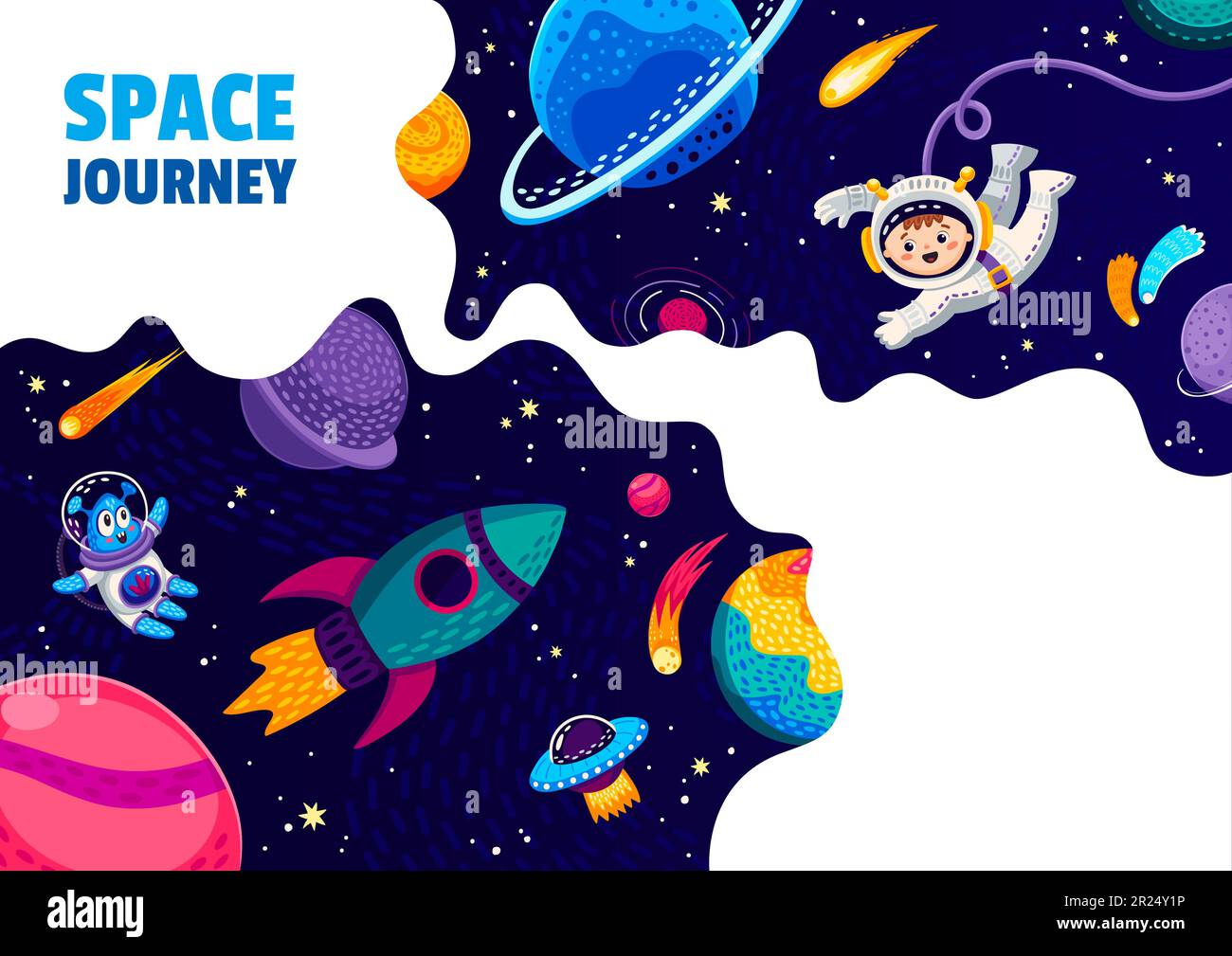 Cartoon space poster. Astronaut, alien, rocket and space planet in ...