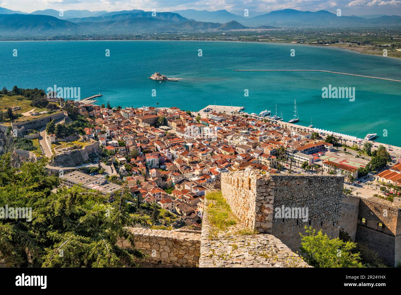 Old Town section of Nafplio, Bourtzi island fortress in distance, at ...