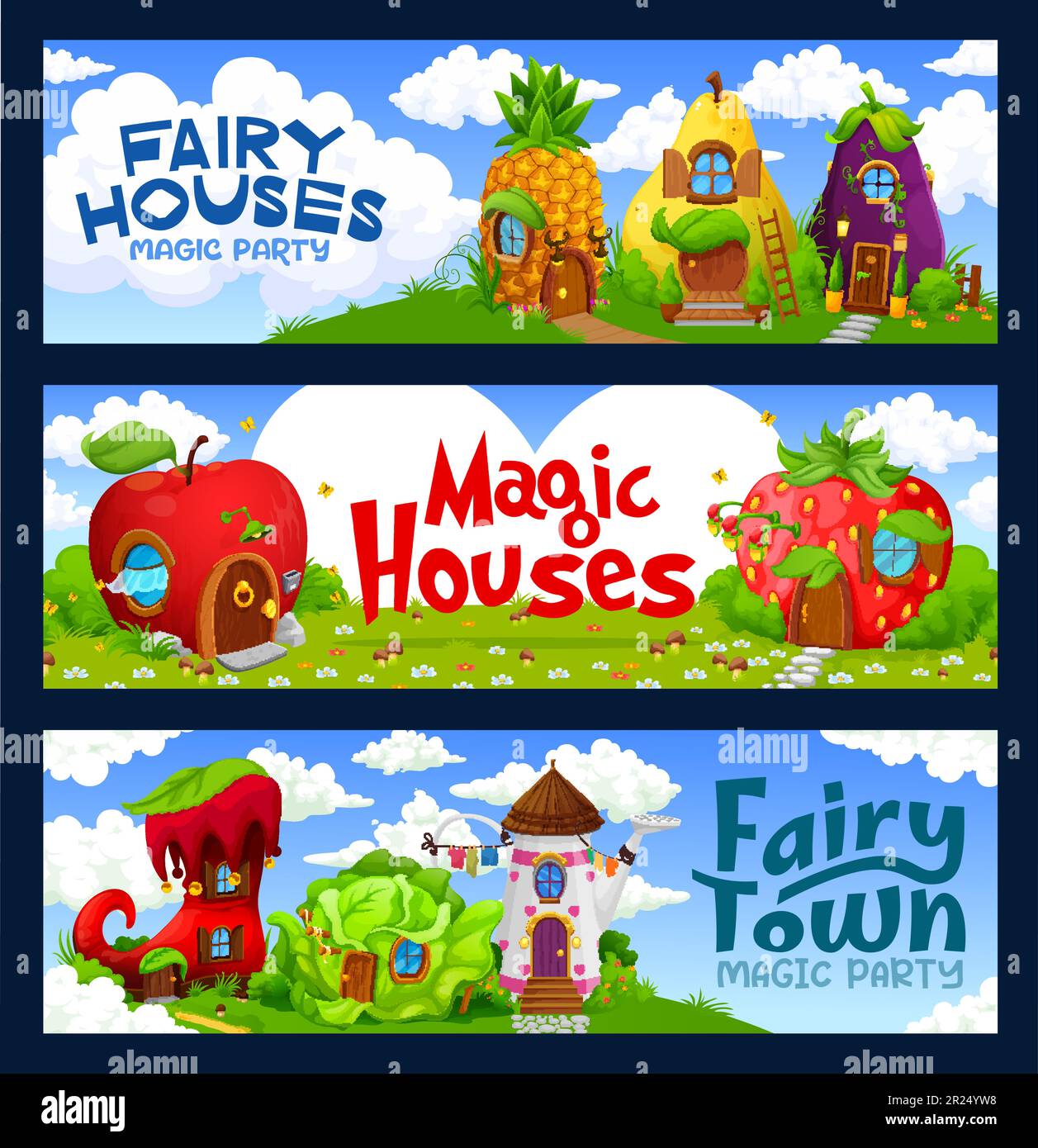 Cartoon fairytale house building, vector banners with fantasy magic ...