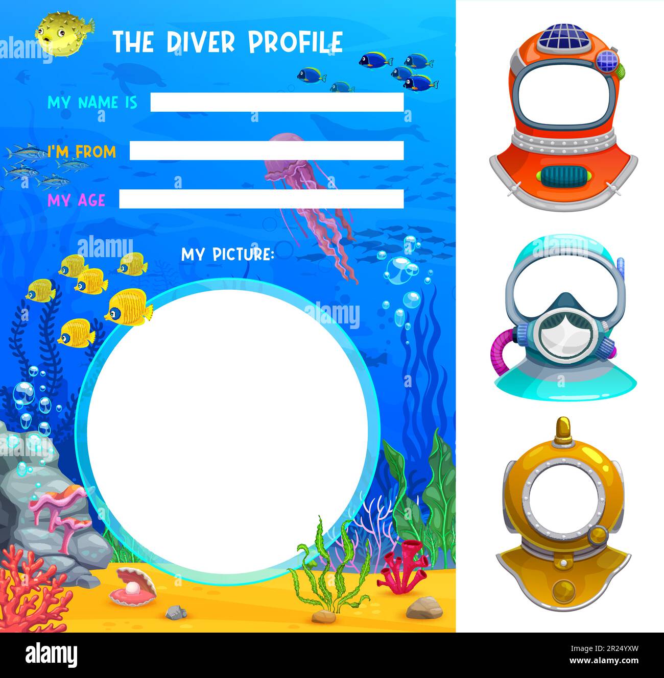 Frogman or diver profile form. Questionnaire, photo booth vector ... Frogman or diver profile form. Questionnaire, photo booth vector ...