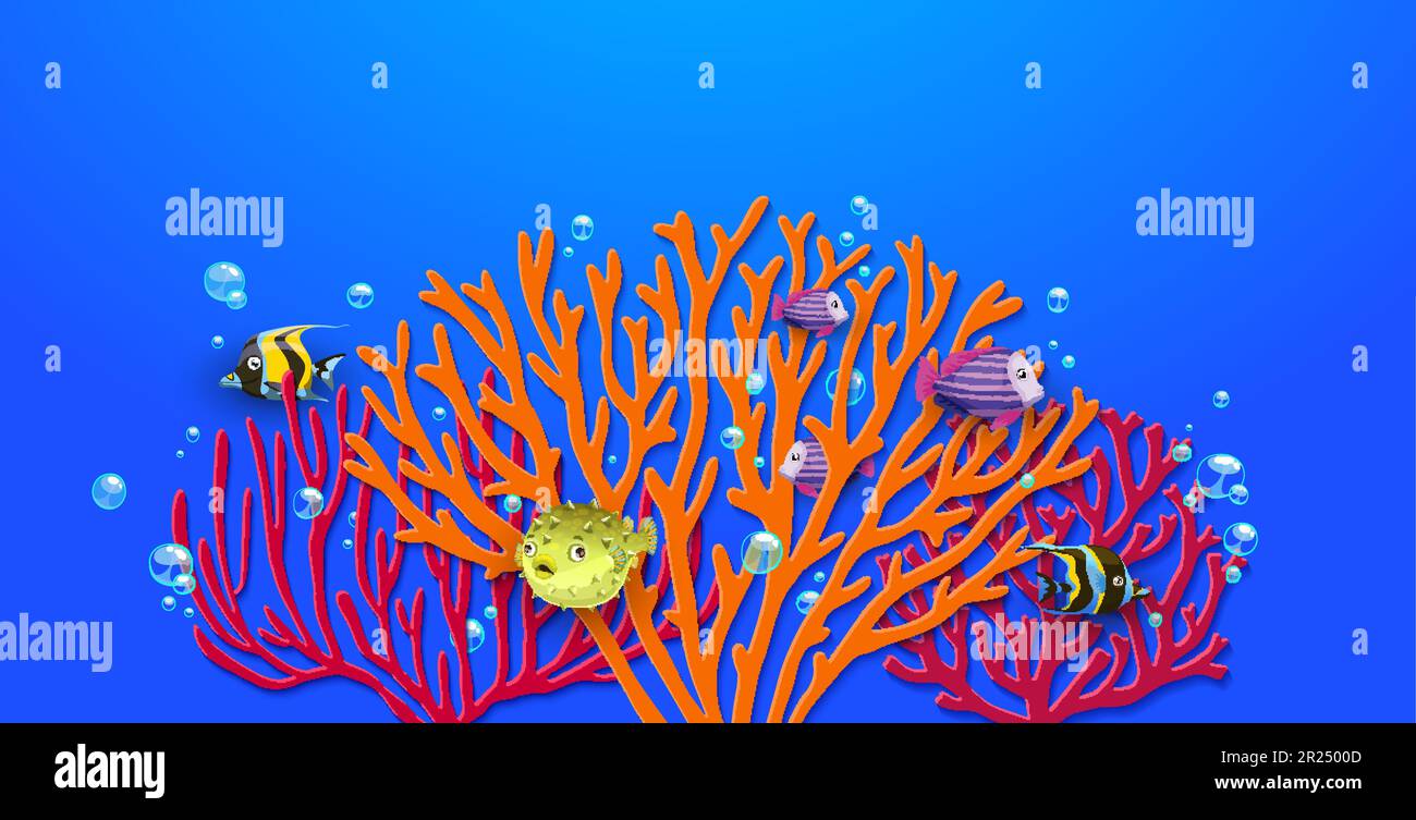 Sea paper cut poster with corals and tropical fishes for protect ocean ...