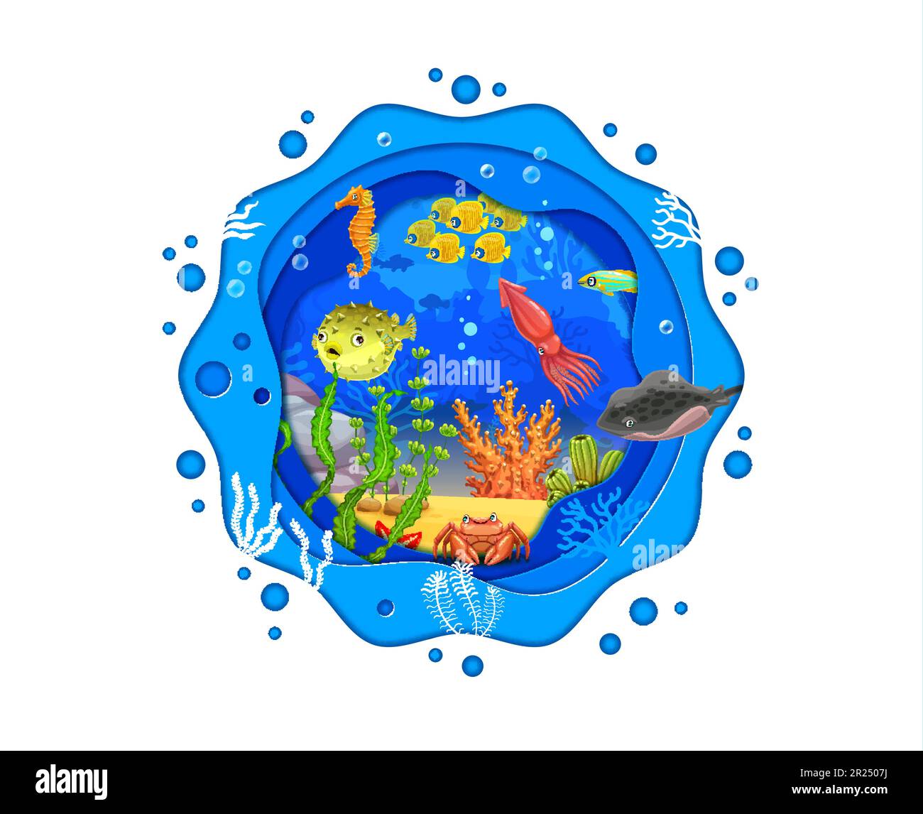 Cartoon sea paper cut landscape with underwater animals, corals and ...