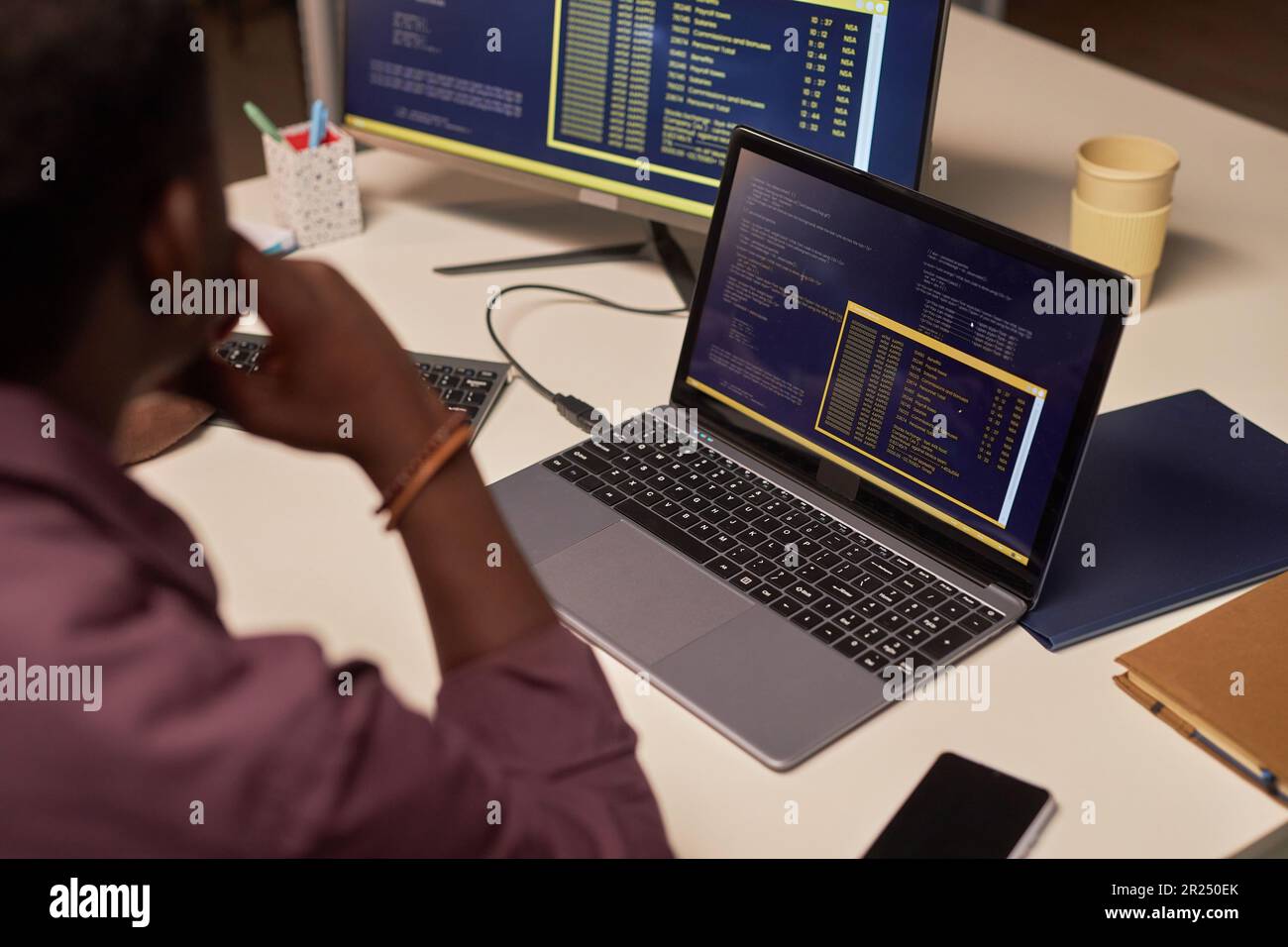 Rear view of African American developer typing computer codes on laptop sitting at his workplace ...