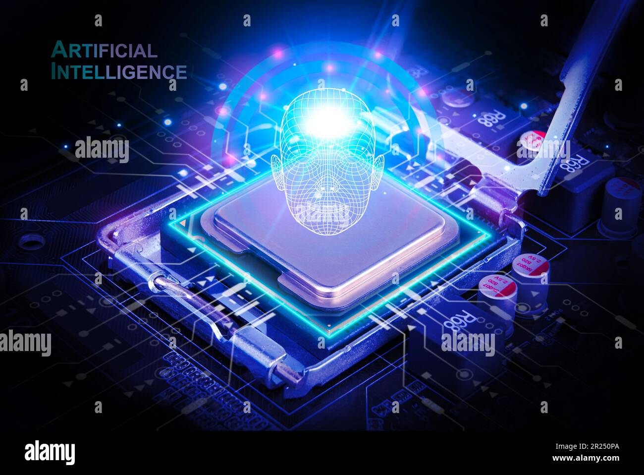AI artificial intelligence concept, Close up of microprocessor on computer motherboard with ...