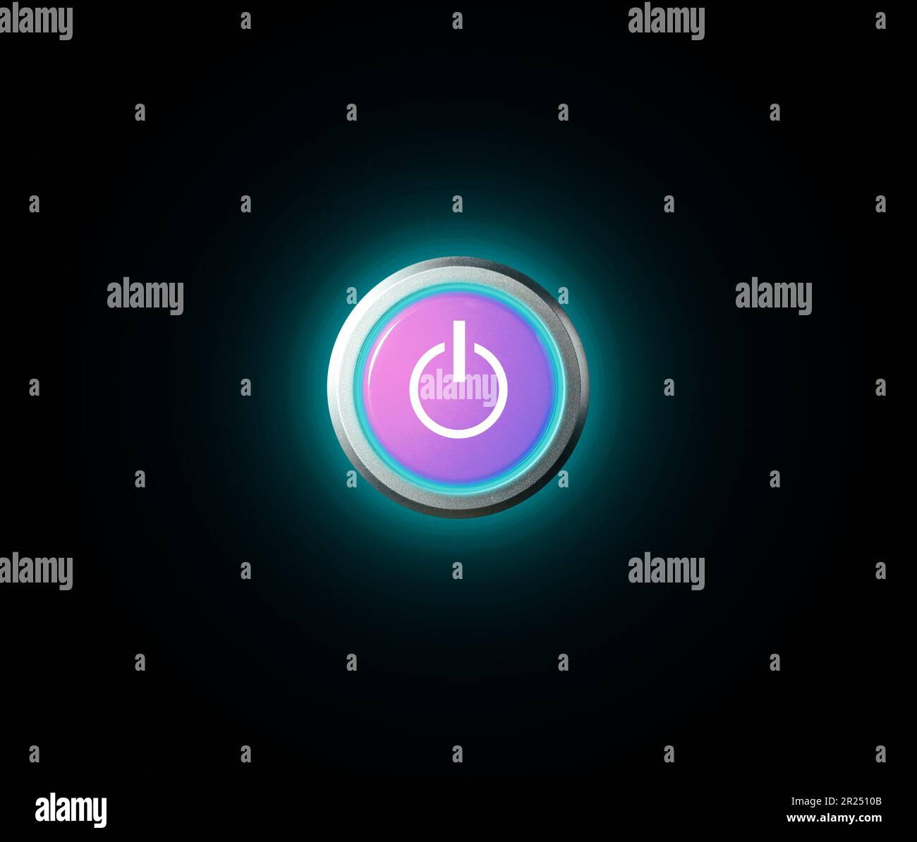 Power button glowing light isolated on black background, 3D rendering ...