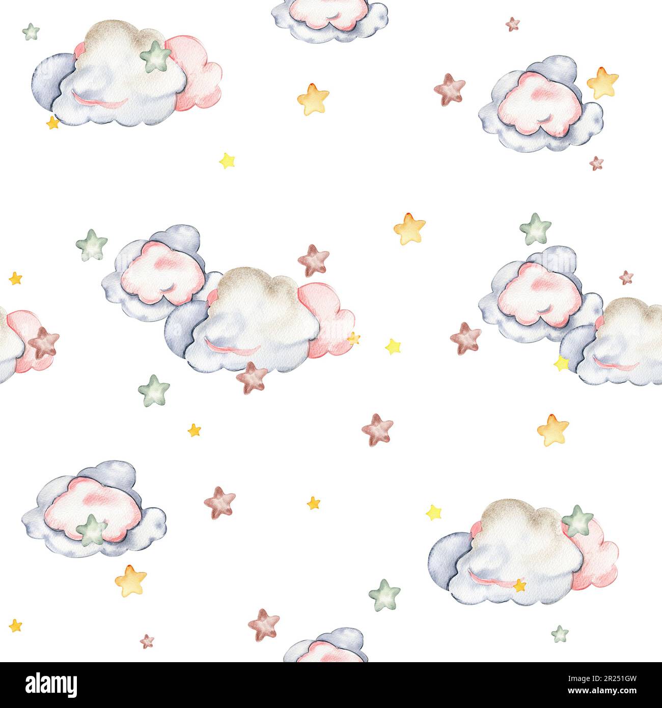 Watercolor hand painted stars and clowds seamless pattern. Illustration ...