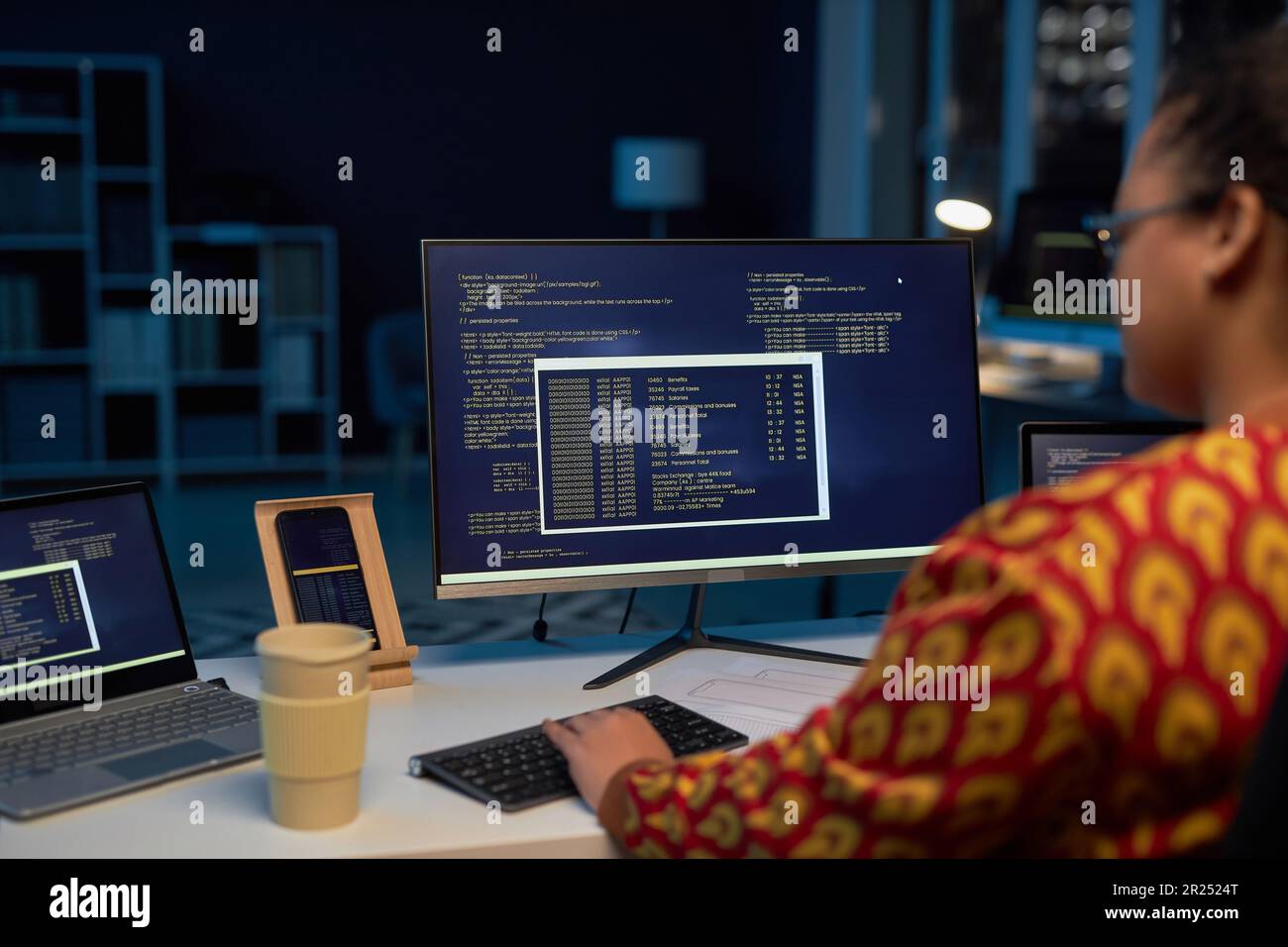 Rear view of female programmer typing computer codes on computer while ...