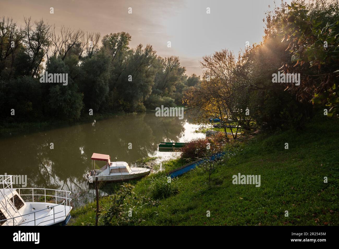 Panorama of various boats resting in the neglected shore of the tamis ...