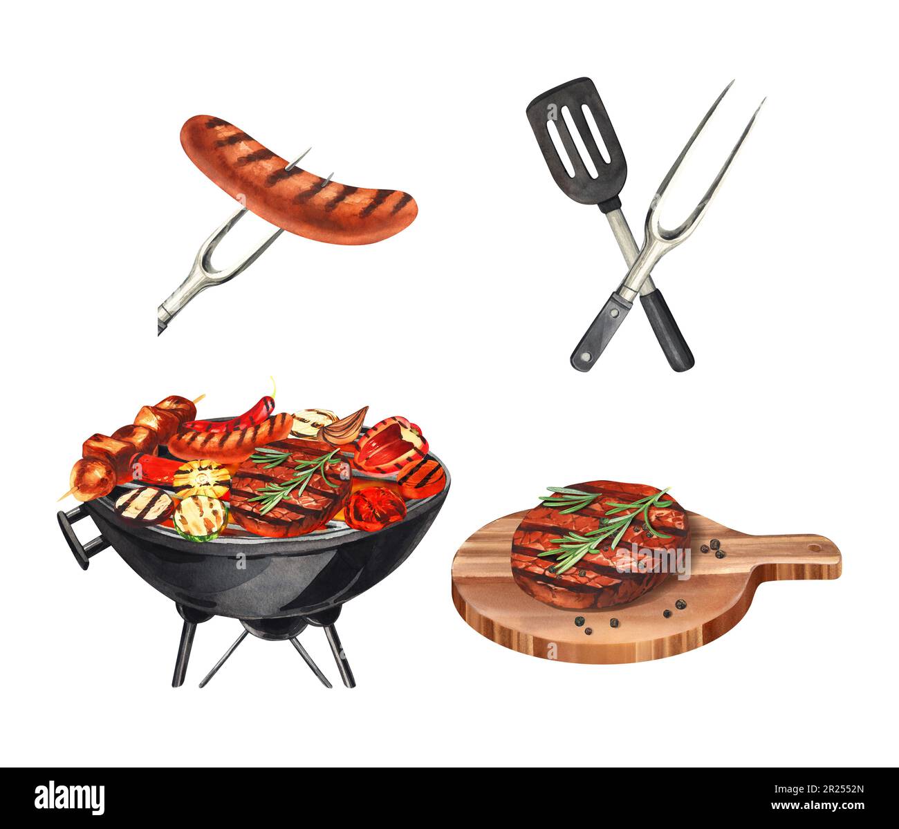 Watercolor barbecue elements set. Collection for cooking bbq - grill ...