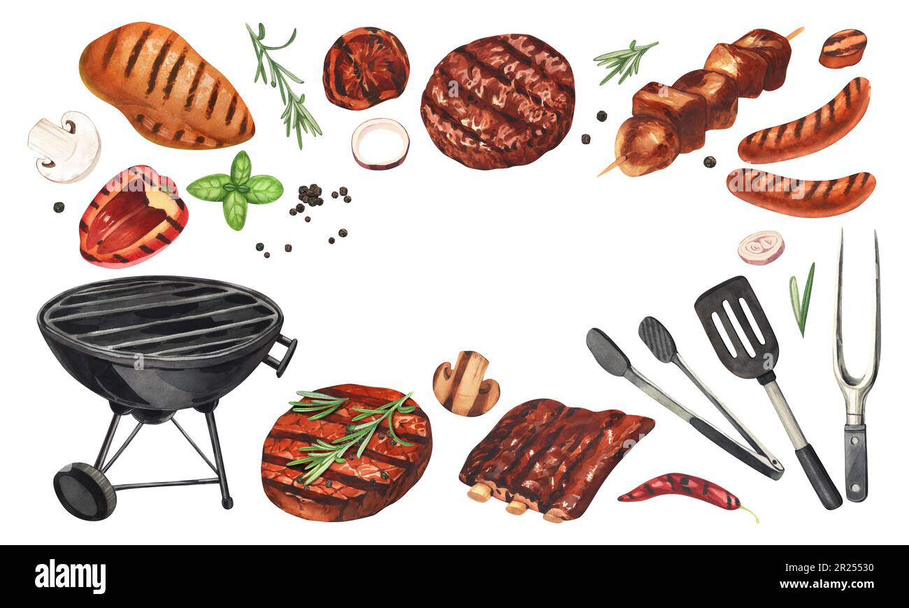 Watercolor barbecue elements set. Collection of equipment for cooking ...