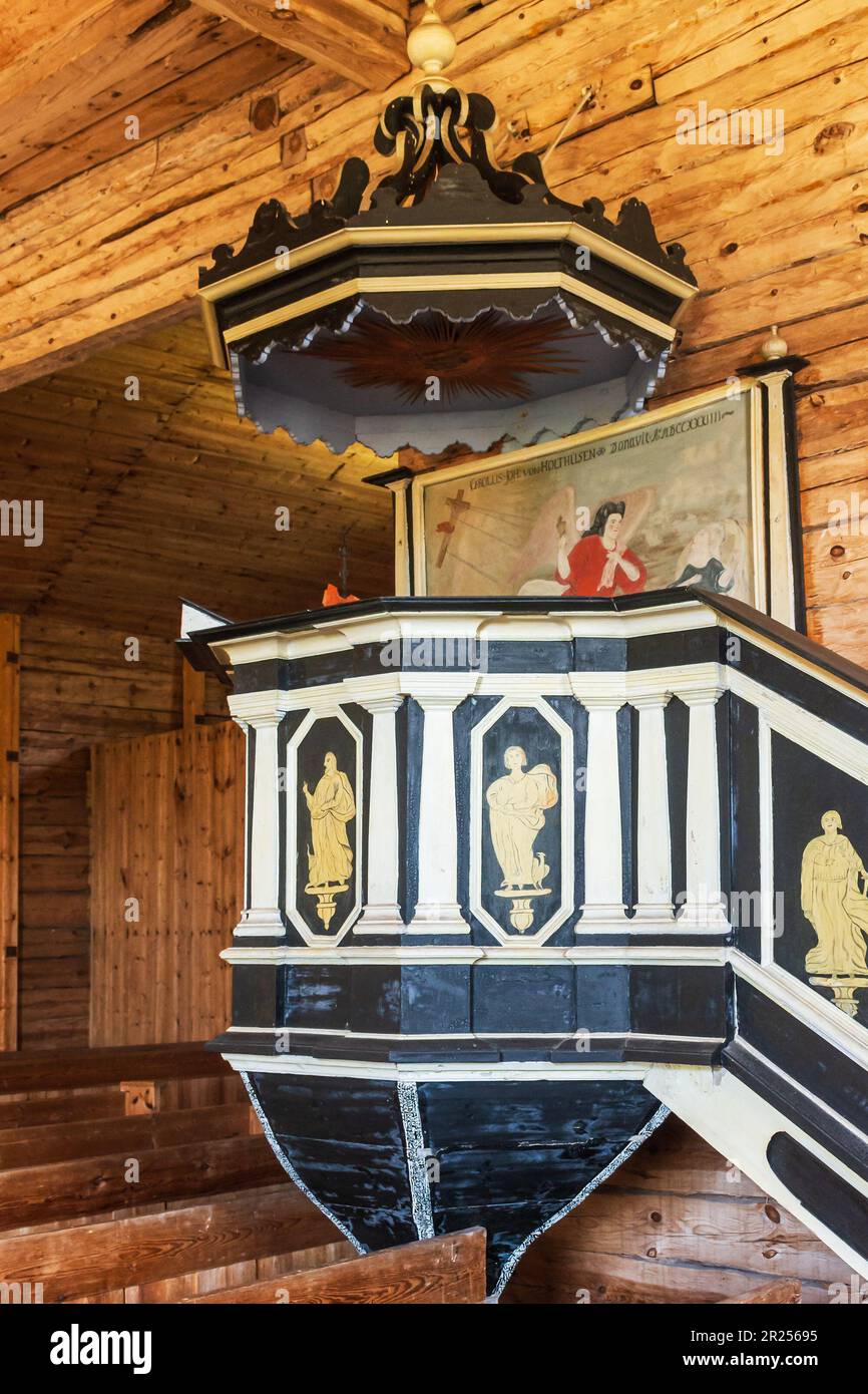 Wooden pulpit of an old wooden church of Seili (Själö) island Stock ...