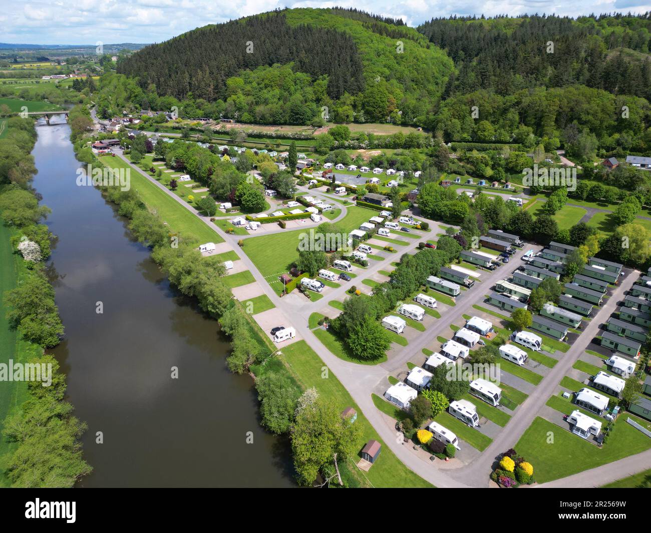 Aerial view of camping and caravan site beside the River Wye near ...