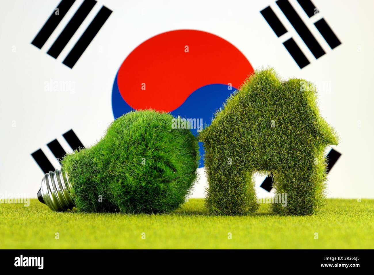 Green eco light bulb, eco house icon and South Korea Flag. Renewable ...