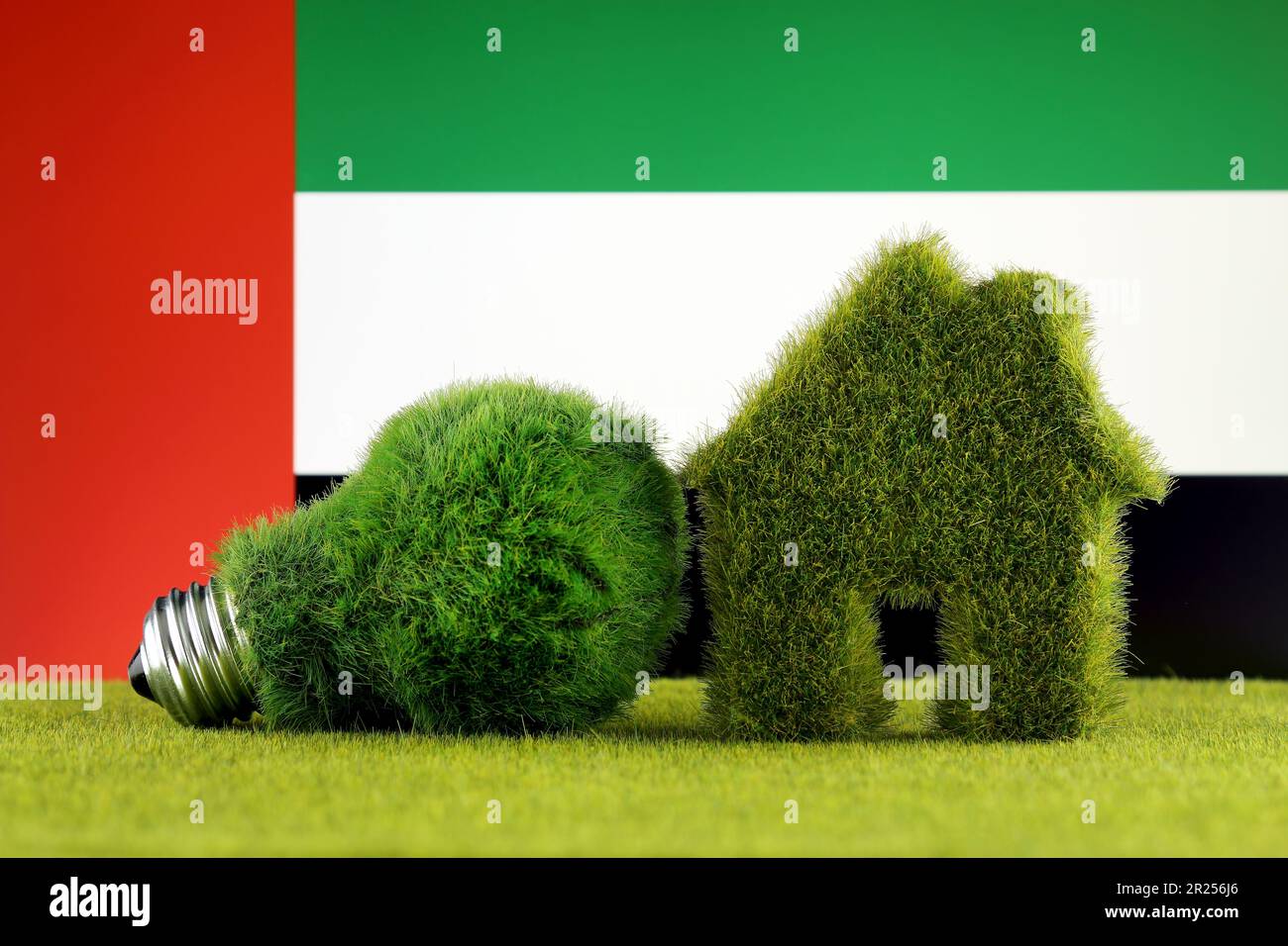Green eco light bulb, eco house icon and United Arab Emirates Flag ...